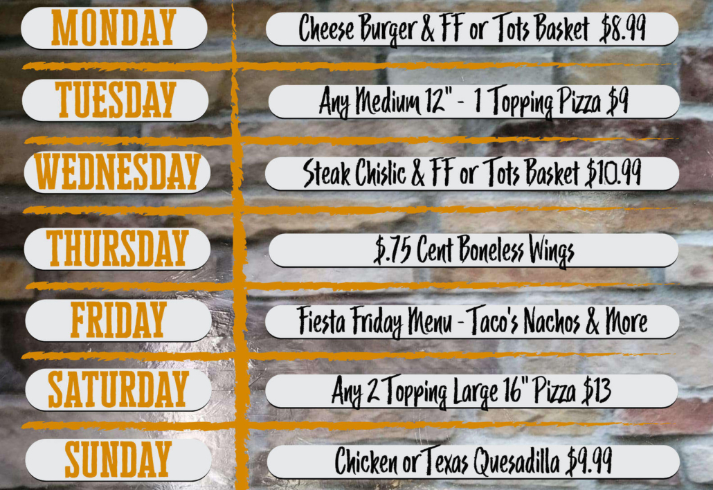 Menu - TJz Bar & Restaurant - Pizza, Burgers, Wings, Tacos
